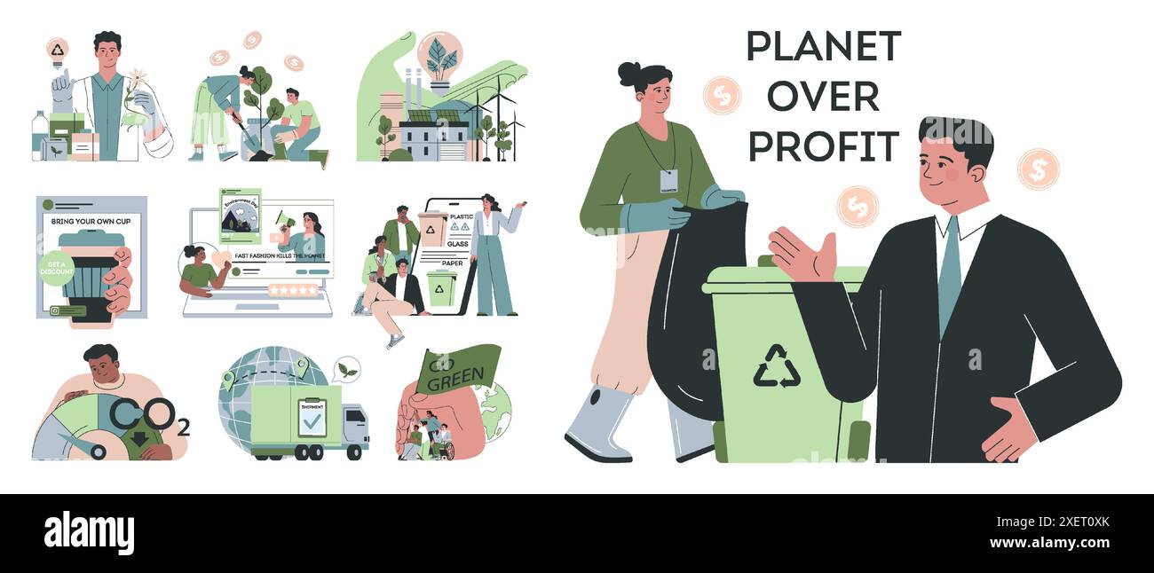 Green marketing set. Corporate social responsibility, CSR. Company ...