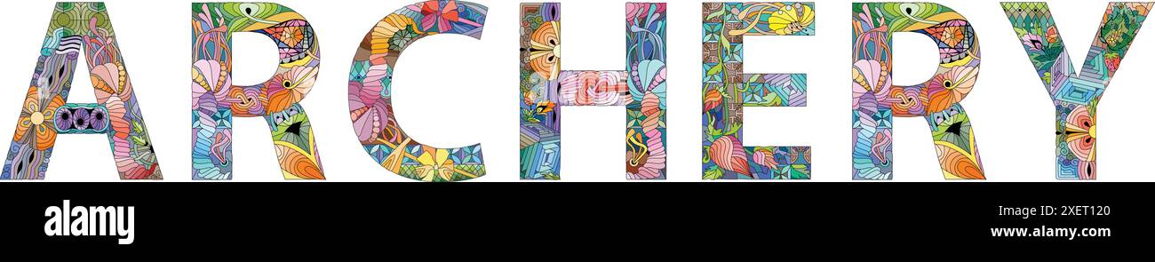 Hand-painted art design. Hand drawn illustration word ARCHERY for t ...