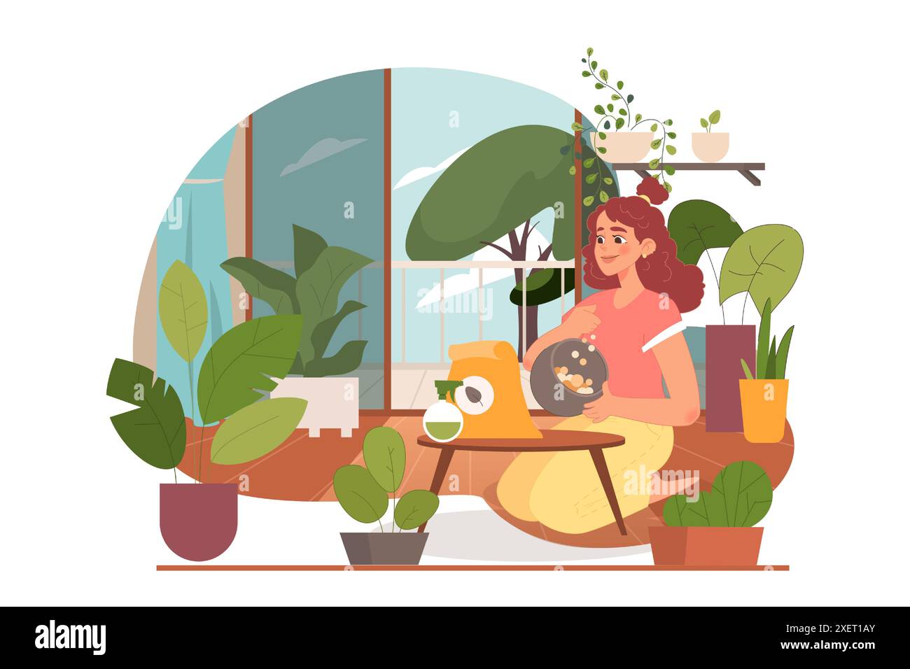 Moden family idea. Young childless woman taking care of houseplants ...