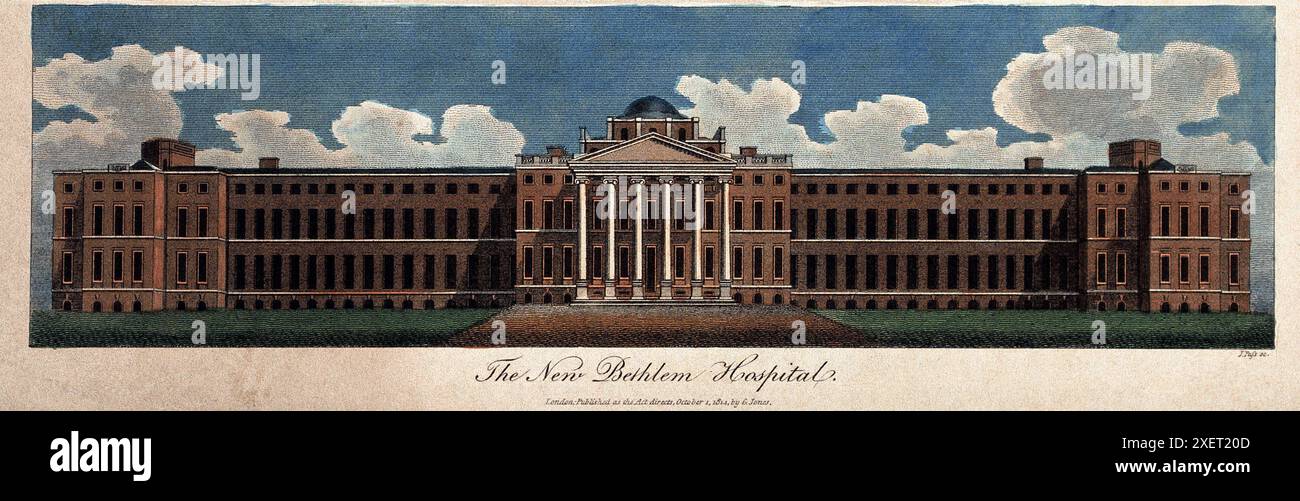 This colored engraving by J. Pass depicts the New Bethlem Hospital in ...