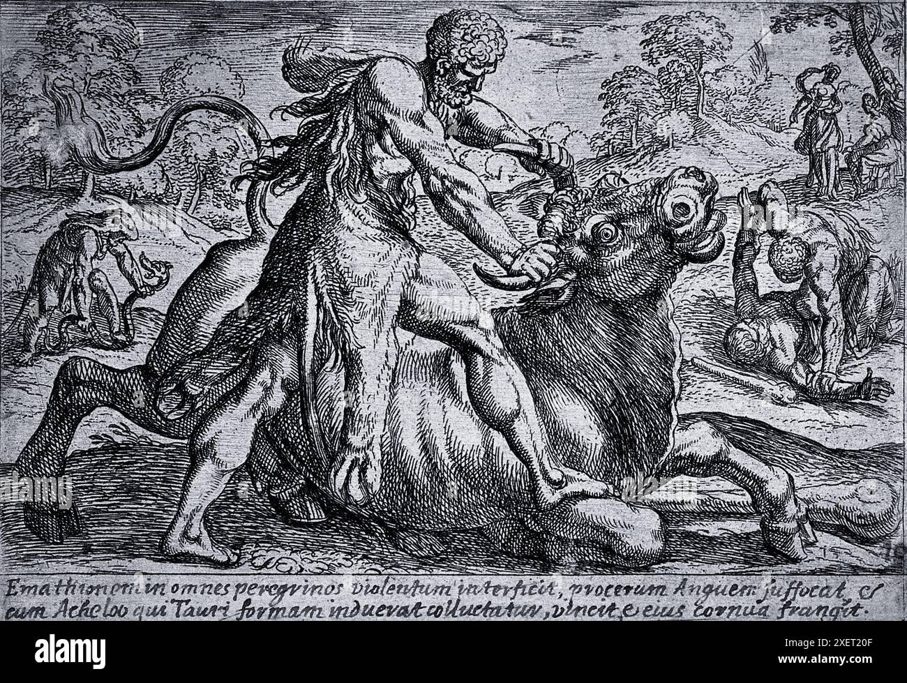 In this etching, Hercules is seen wrestling with the Cretan Bull ...