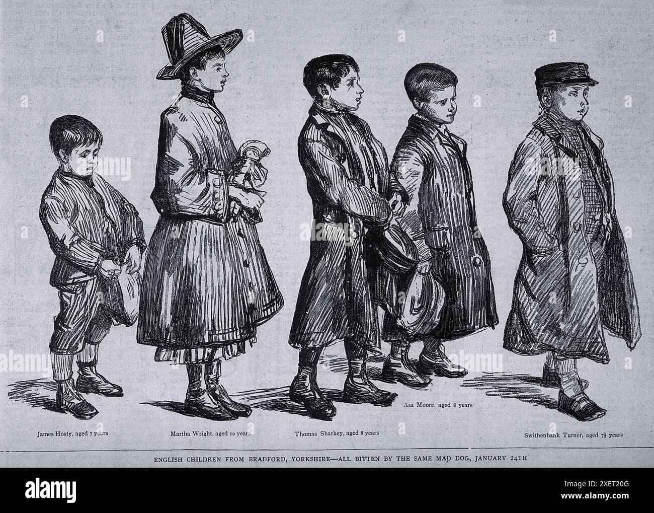 This is a wood engraving from 1885 depicting six English children from ...