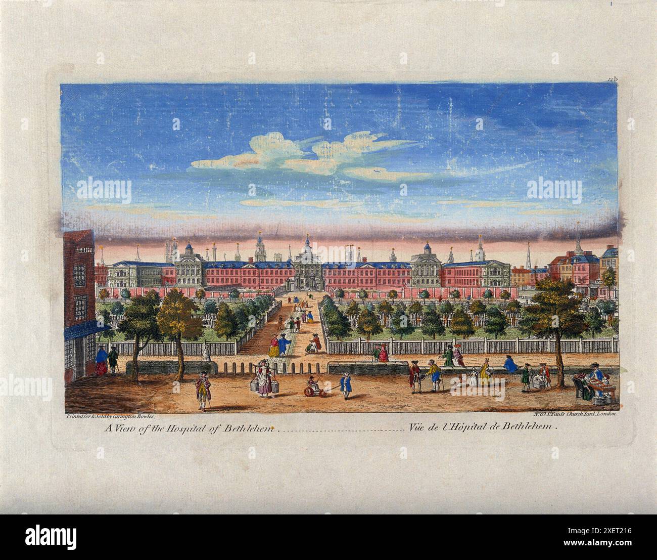 An engraved view of the Hospital of Bethlehem, also known as Bedlam, in ...