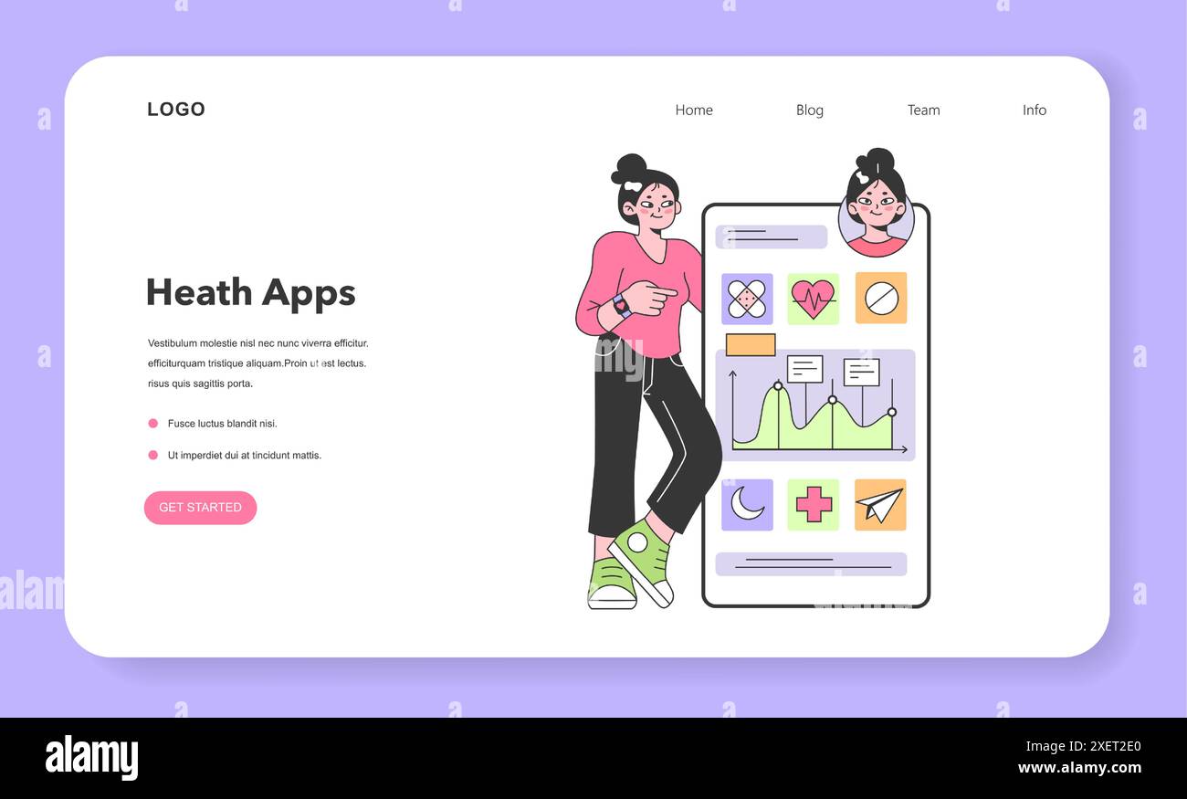 Health tracker application web banner or landing page. Female character ...