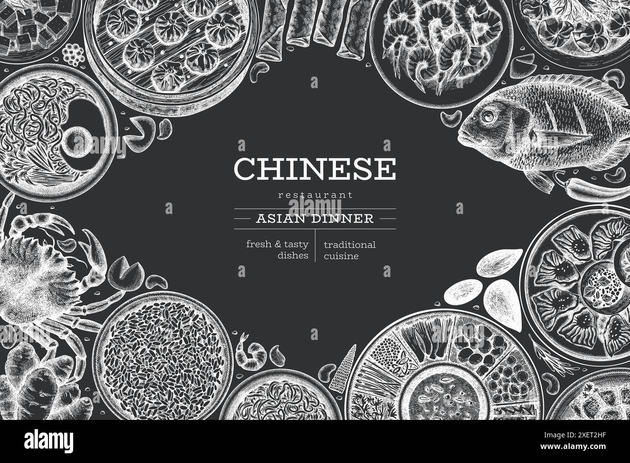 Chinese Cuisine Chalk Board Design Template. Vector Hand Drawn Asian ...