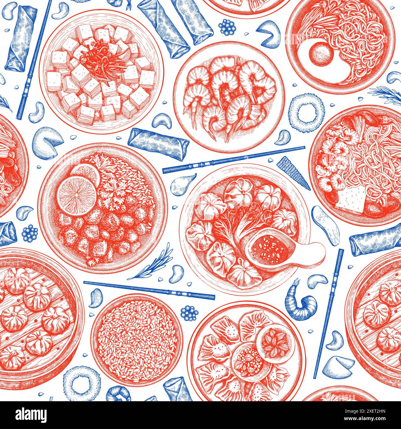 Chinese Cuisine Background. Vector Hand Drawn Asian Food Seamless ...