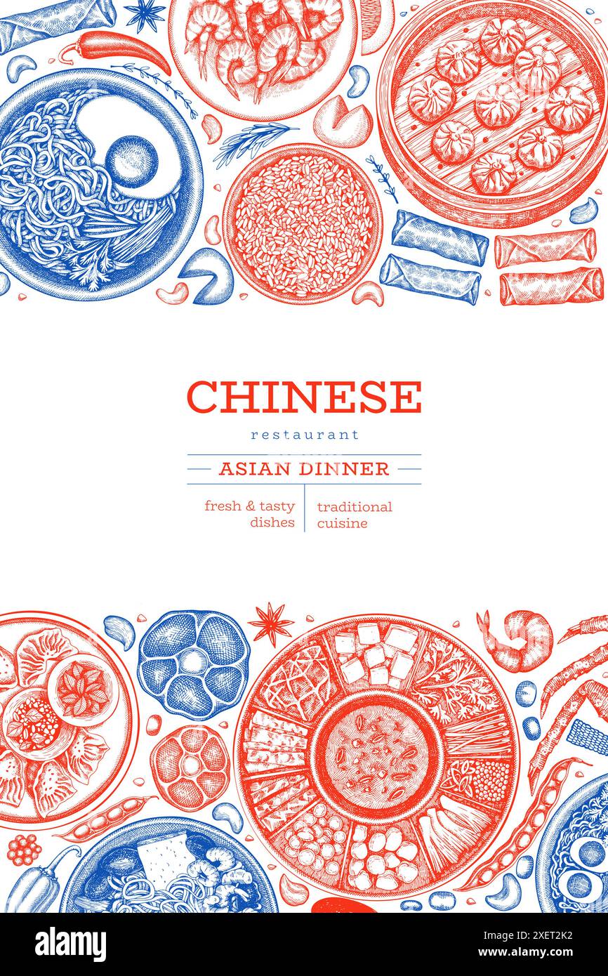 Chinese Cuisine Design Template. Vector Hand Drawn Asian Food Banner ...