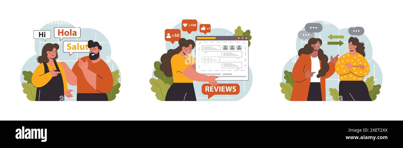 Verbal communication set. Public speaking, talking through a digital ...