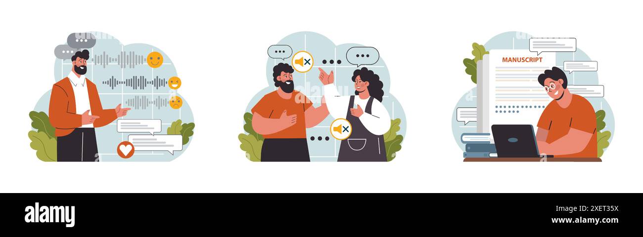 Verbal communication set. Public speaking, talking through a digital ...