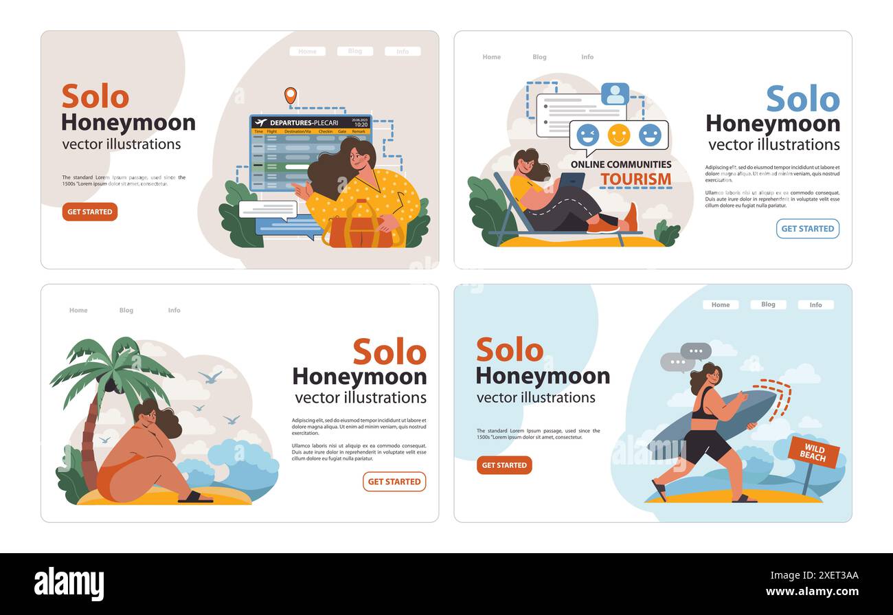 Solo travel, honeymoon web banner or landing page set. Female character ...