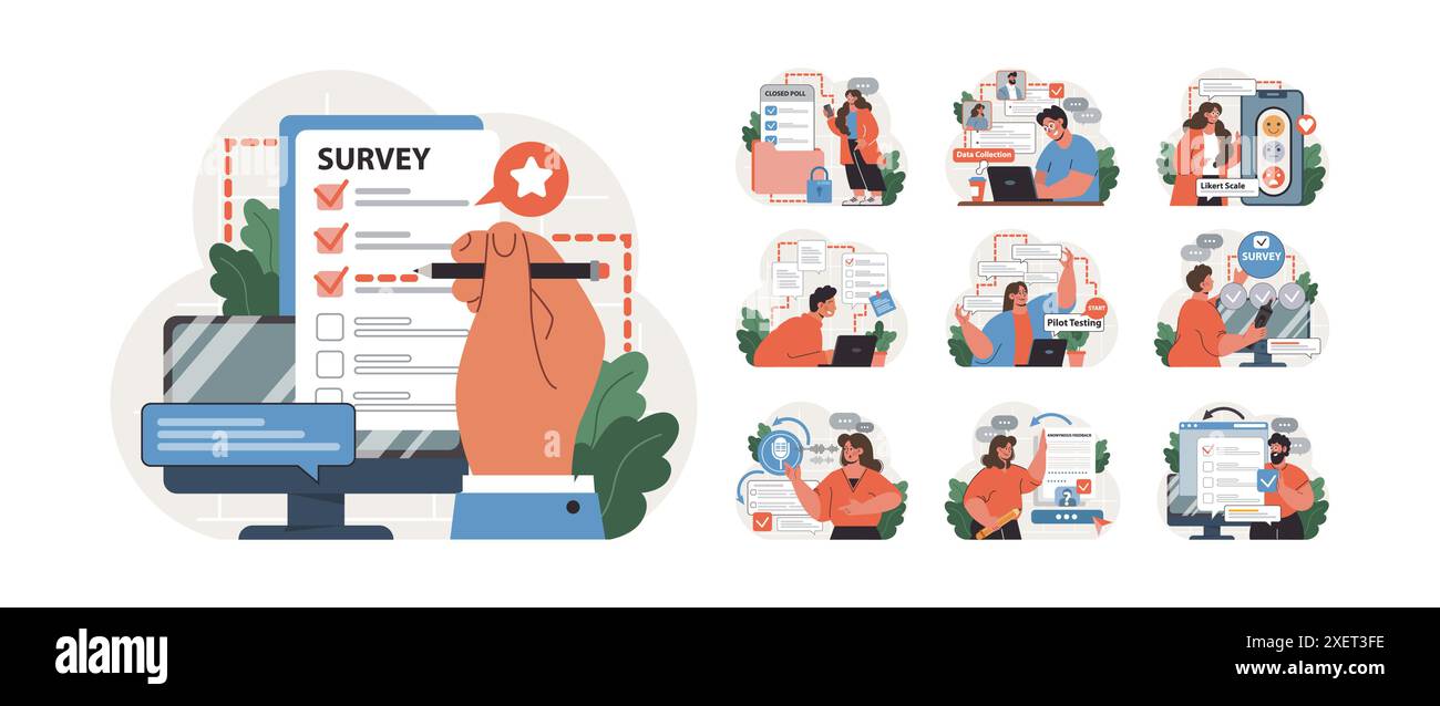 Public opinion polling set. Character participation in an online survey ...