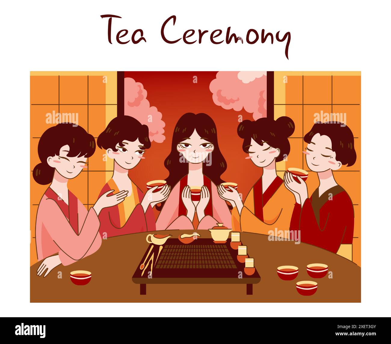 Tea ceremony. Japanese people preparing and drinking tea at kotatsu ...