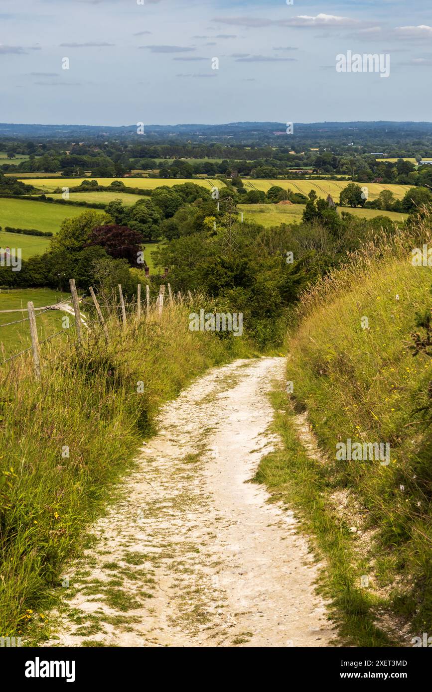 Looking along a chalk pathway at the edge of the South Downs, with a ...