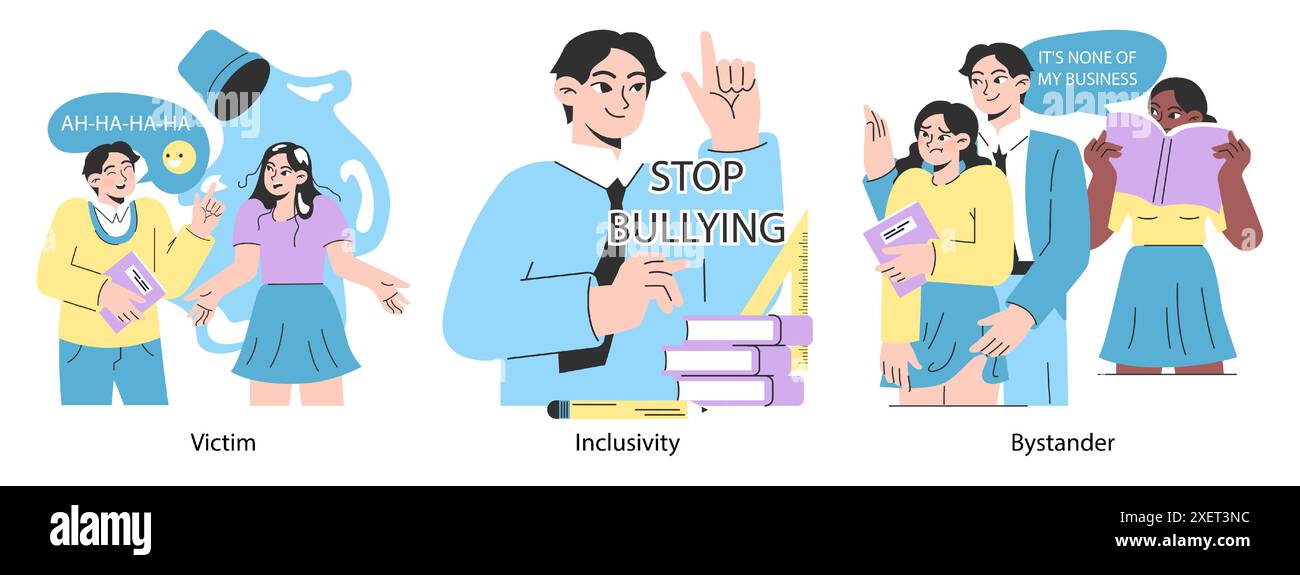 School bullying set. Upset victim being bullied and shamed by others ...