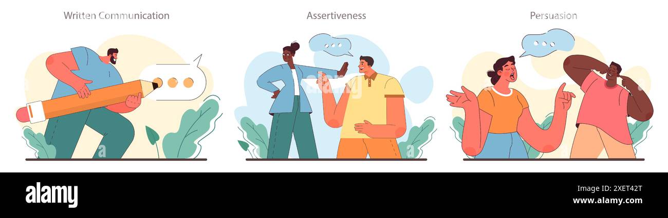 Soft skill development set. Character with communication skill. Effective collaboration ...