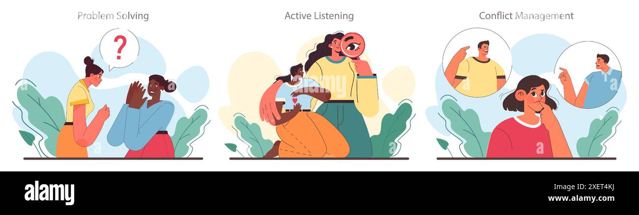 Soft skill development set. Conflict resolution skill. Person resolve a ...