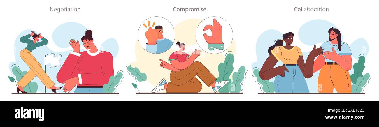 Soft skill development set. Conflict resolution skill. Person resolve a ...