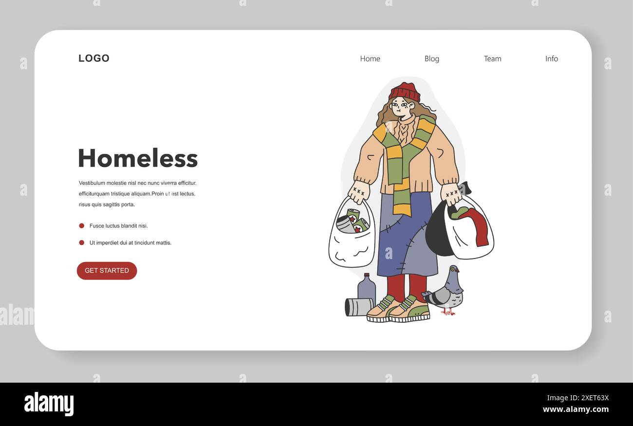 Homeless character. Female beggar wearing ragged and dirty clothes ...