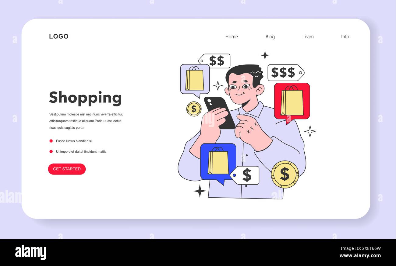 E-commerce web banner or landing page. Online shopping, character using ... E-commerce web banner or landing page. Online shopping, character using ...