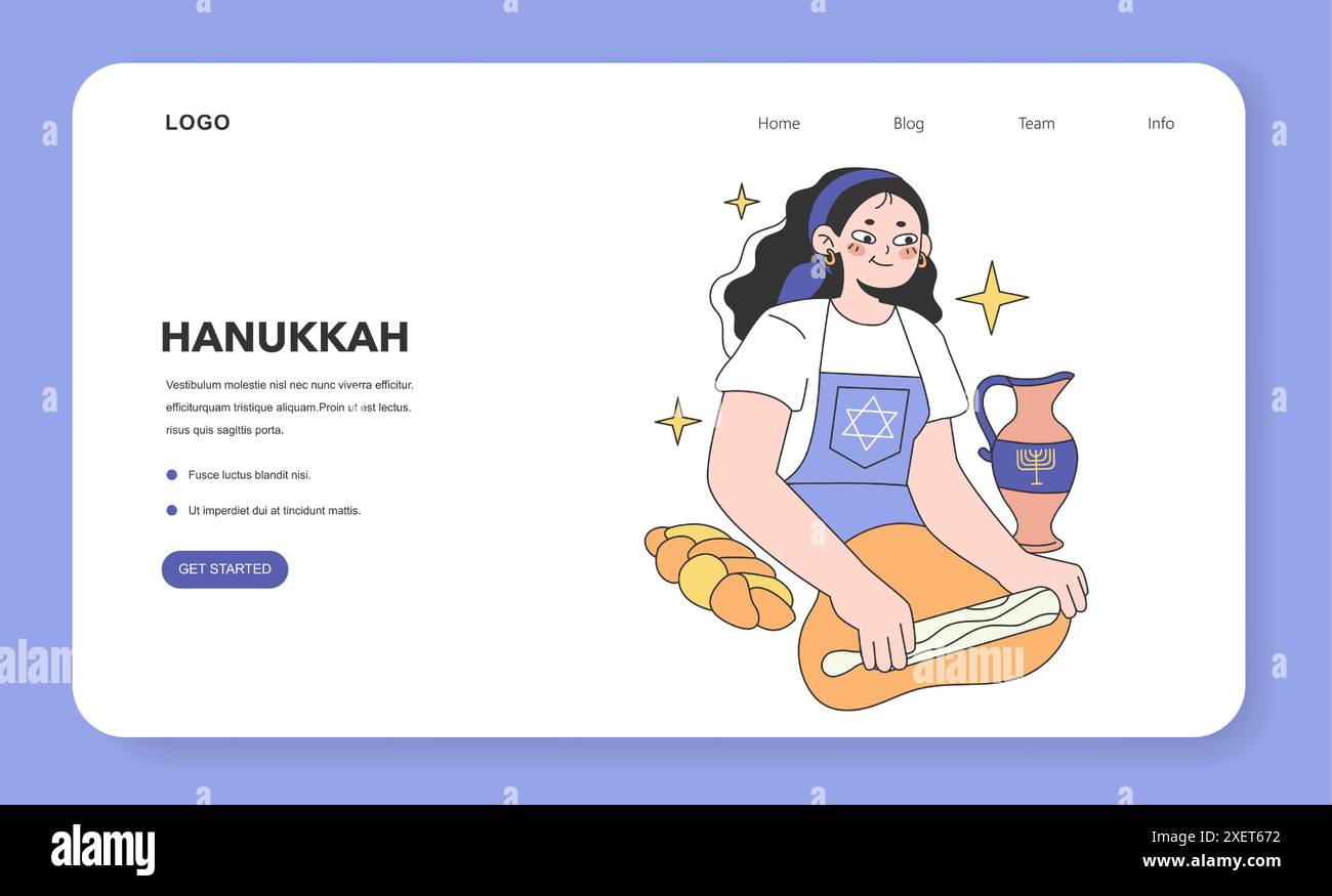Hanukkah celebrating web banner or landing page. Happy female character ...