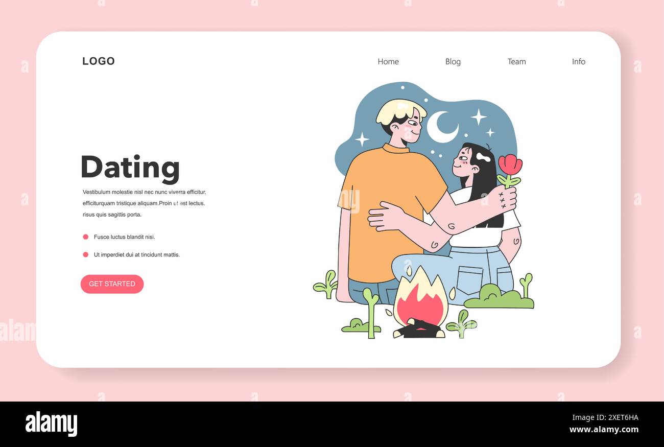 Cute romantic couple sitting by the fire watching starry sky web banner ...