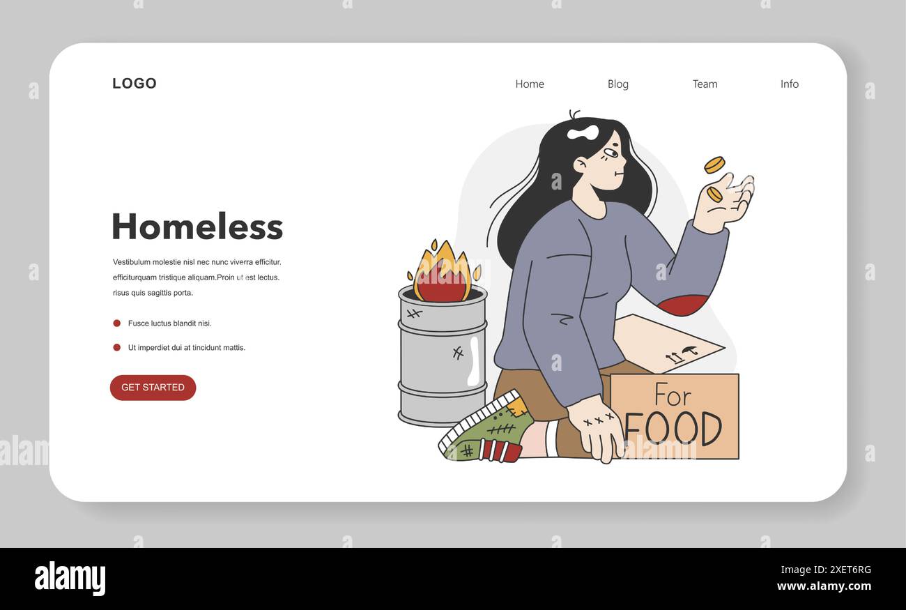 Homeless character. Female beggar wearing ragged and dirty clothes ...