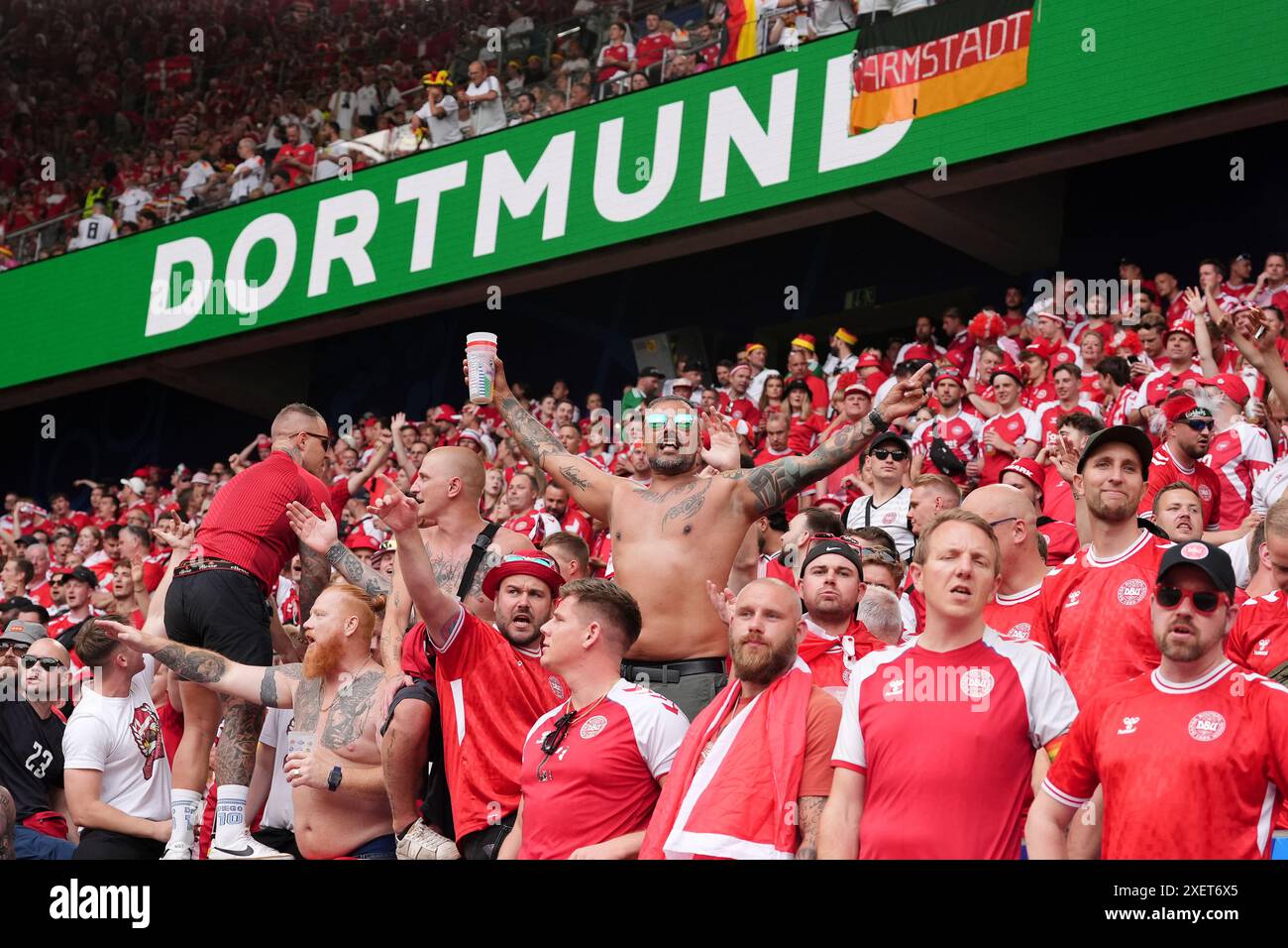 Denmark fans in the stands ahead of the UEFA Euro 2024 round of 16 ...