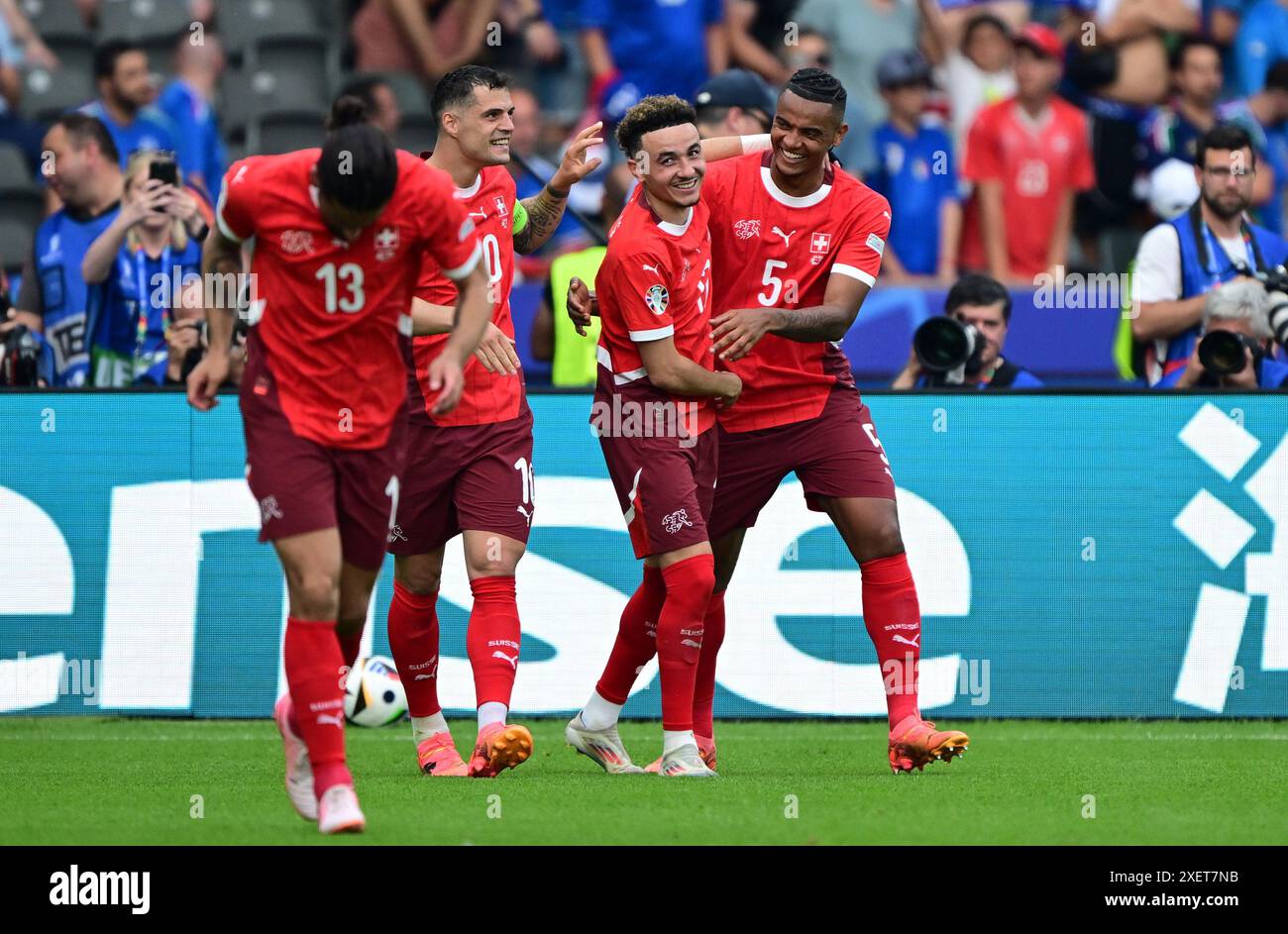 Berlin, Germany. 29th June, 2024. Switzerland players celebrating goal ...