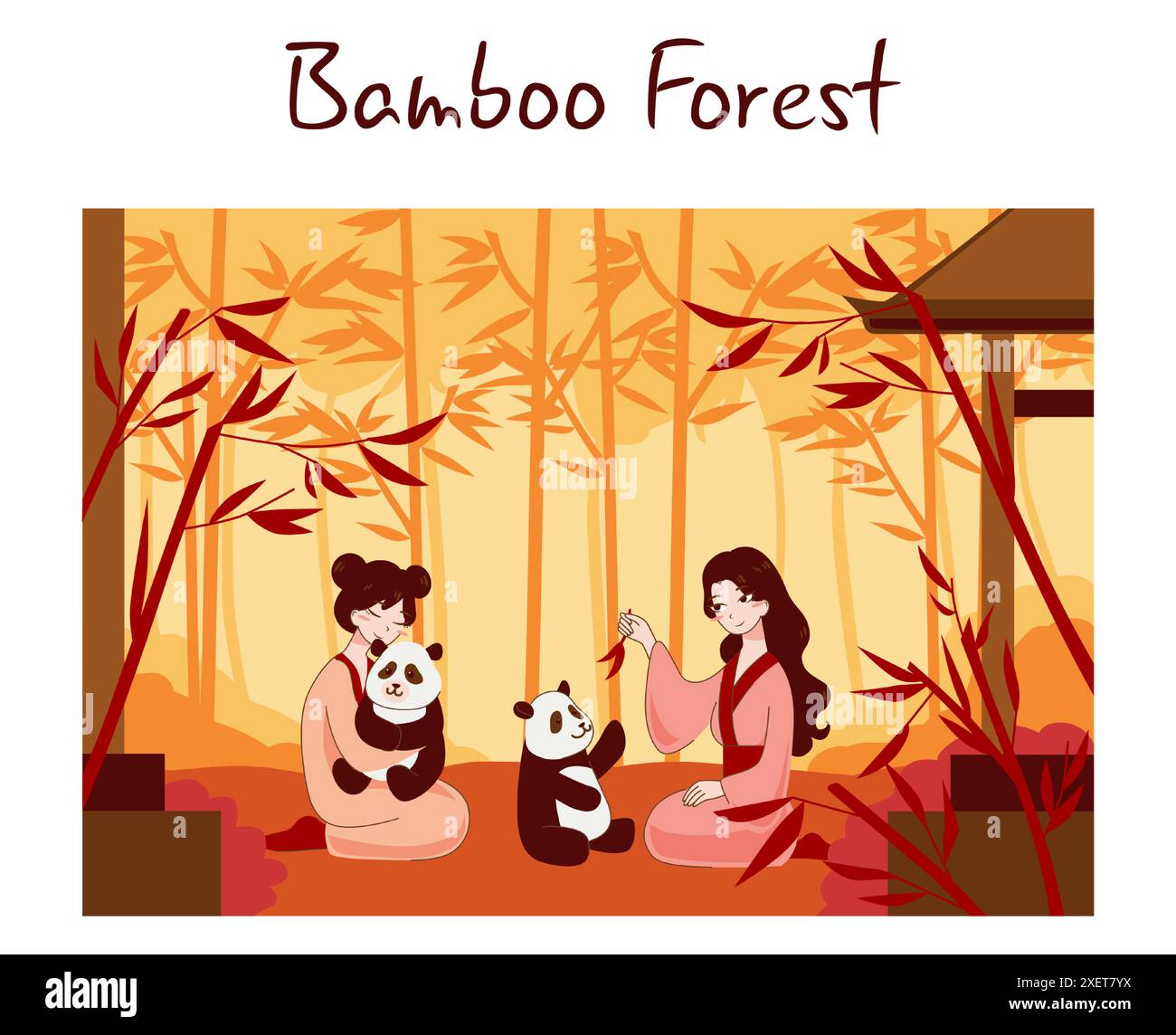 Asian character in a bamboo forest. Giant panda eating bamboo leaf ...