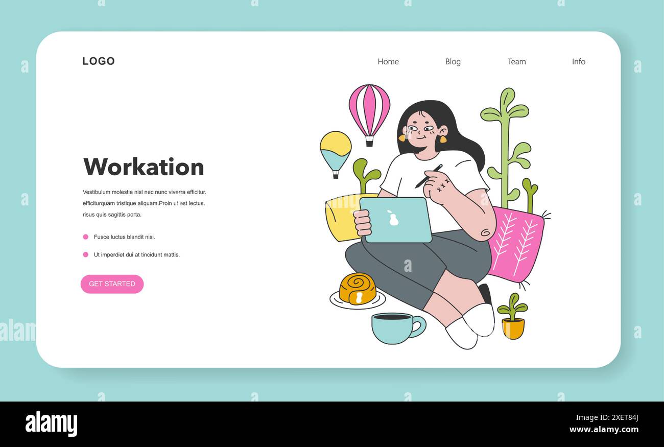 Workcation web banner or landing page. Chatacter working away from the ...