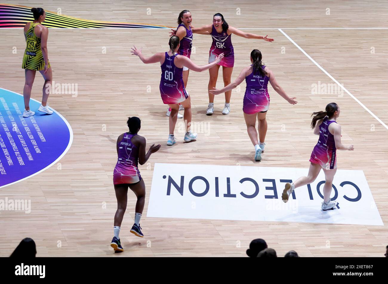 Loughborough Lightning’s players celebrate after winning the Netball ...