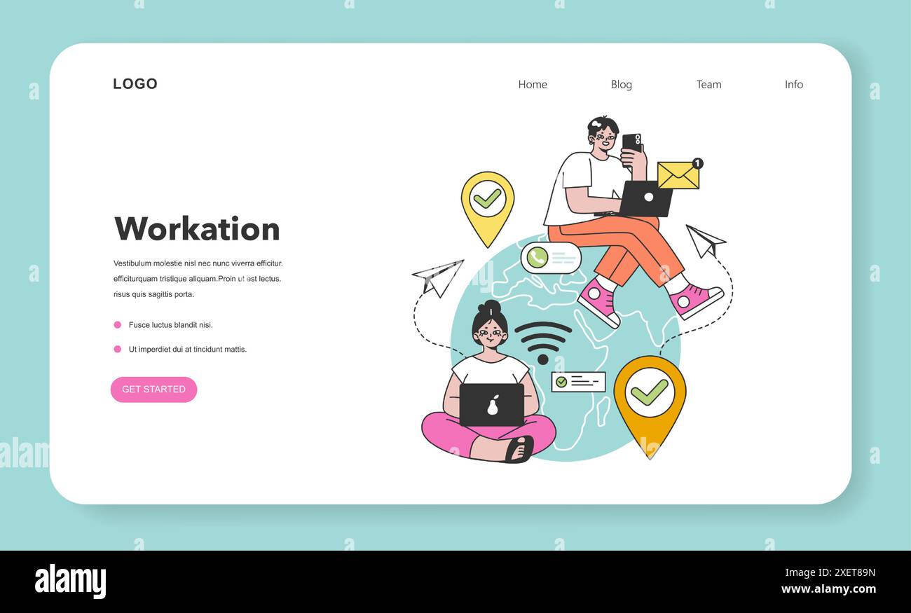 Workcation web banner or landing page. Chatacter working away from the ...
