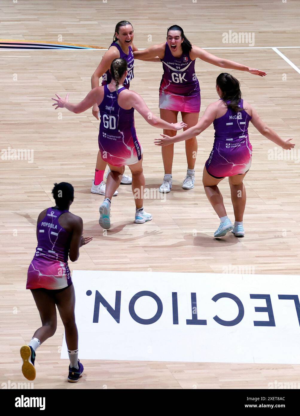 Loughborough Lightning’s players celebrate after winning the Netball ...