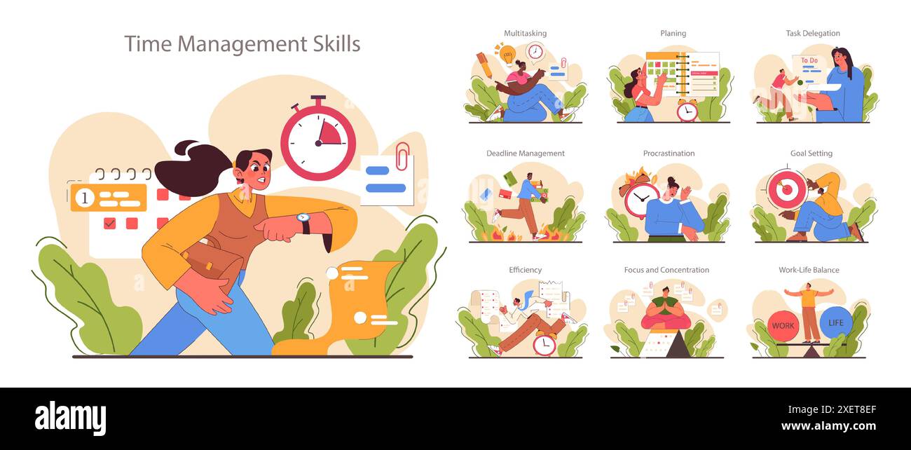 Time management skills set. Character with self-discipline. Planning ...
