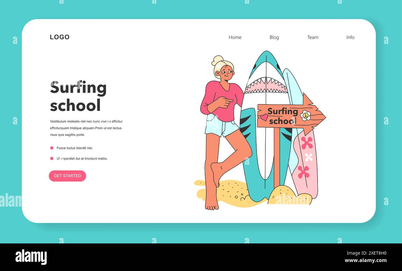 Surfing school web banner or landing page. Character in a swimsuit ...
