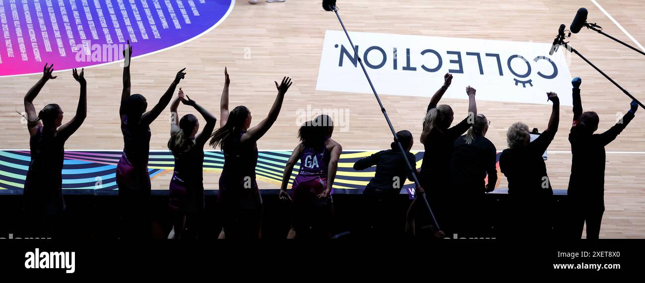 Loughborough Lightning’s bench celebrate after winning the Netball ...