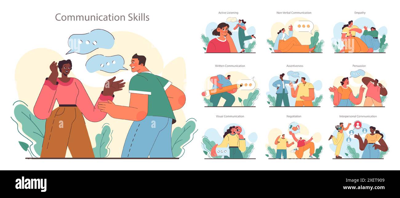 Soft skill development set. Character with communication skill. Effective collaboration ...