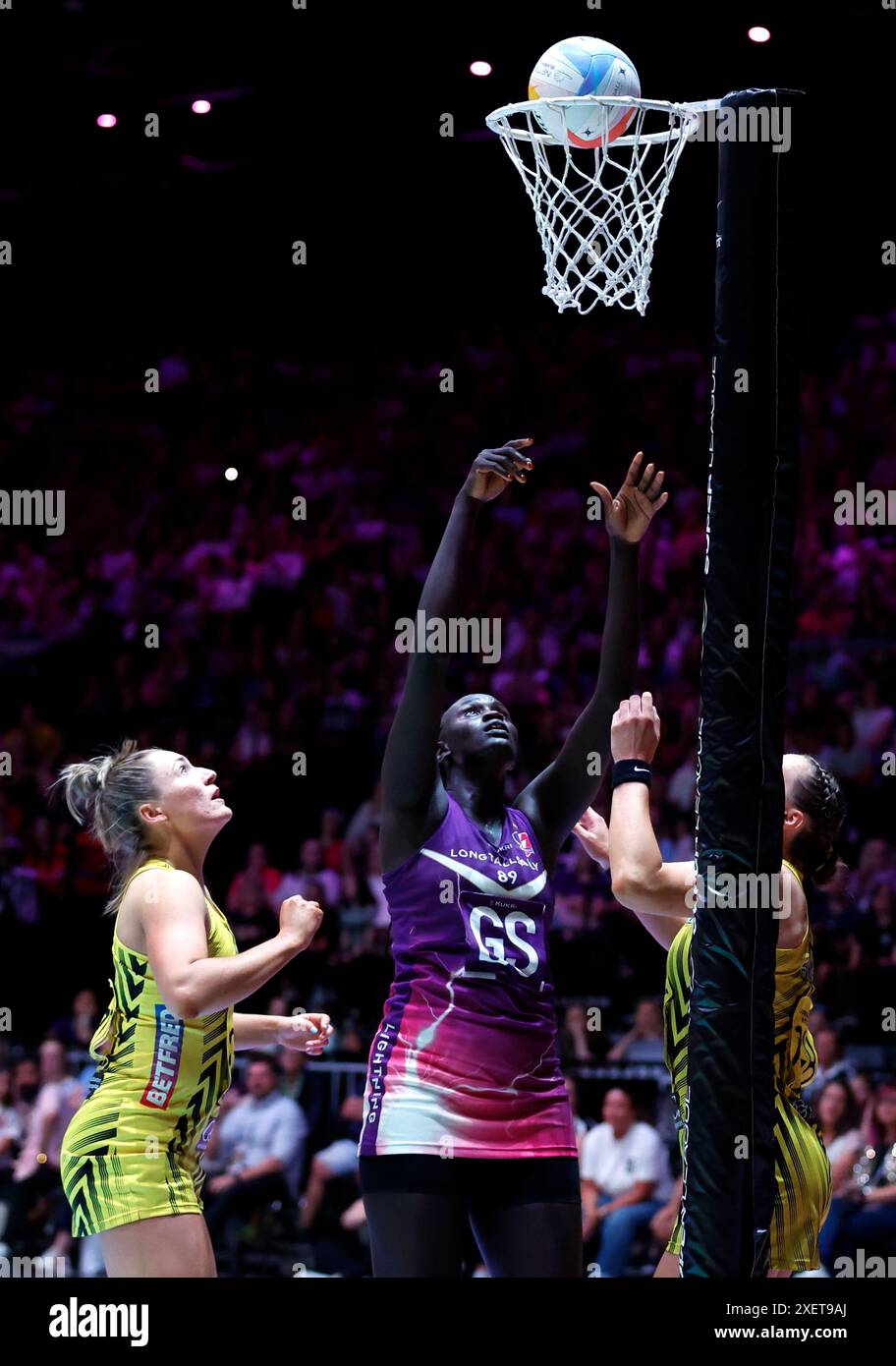 Loughborough Lightning’s Mary Cholhok scores during the Netball Super ...