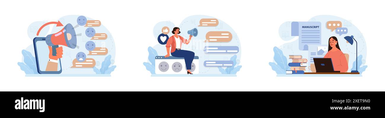 Verbal communication set. Public speaking, talking through a digital ...