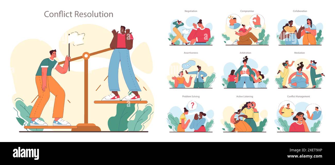 Soft skill development set. Character with conflict resolution skill ...