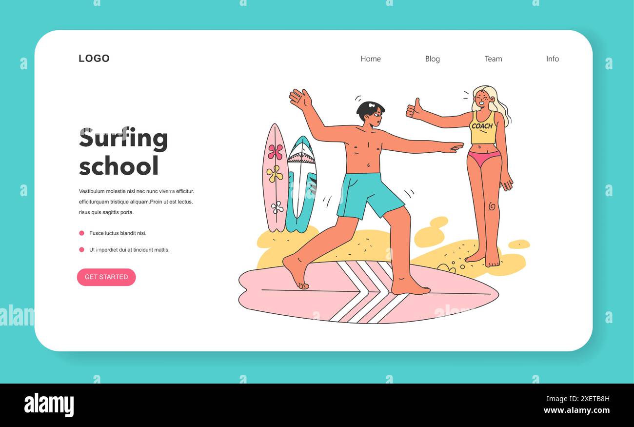 Surfing school. Character in a swimsuit spending time on the beach ...