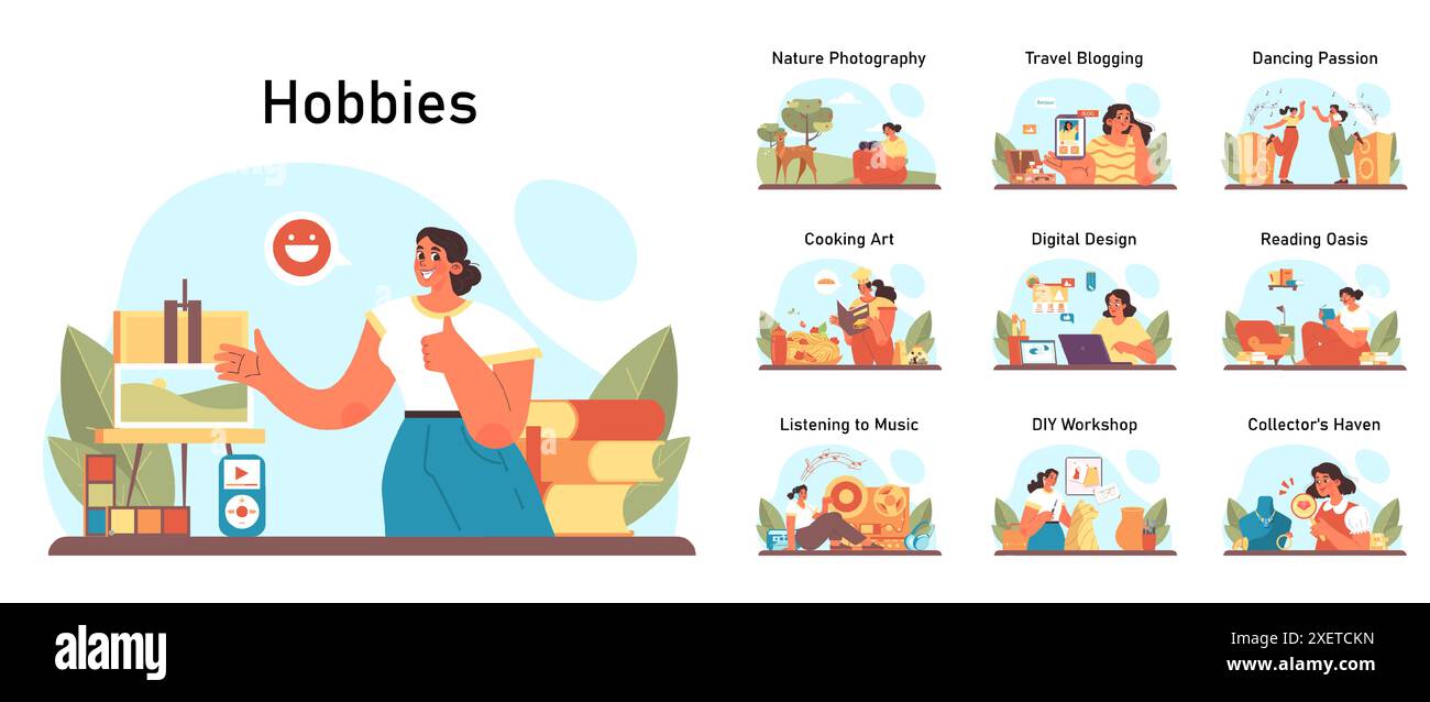 Hobbies set. Female character enjoying their free time. Daily life ...