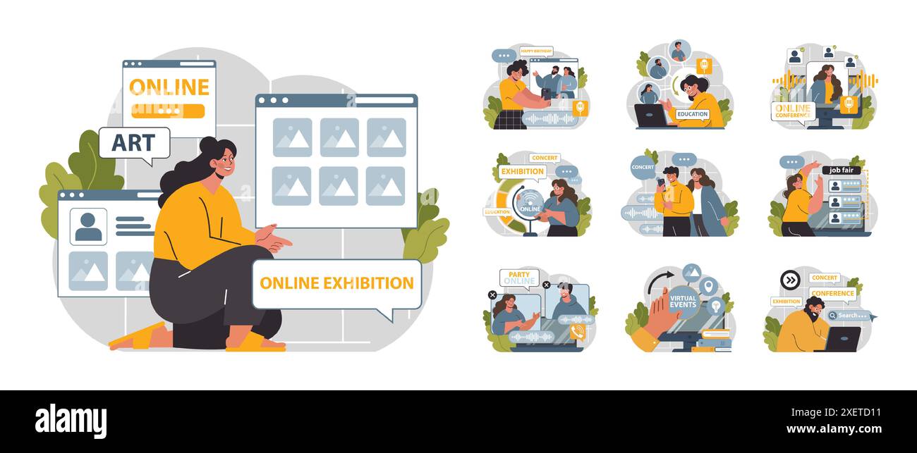 Virtual events set. Online education, conference, exhibition, friends ...