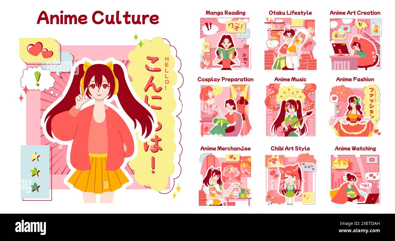 Anime culture set. Otaku or geek lifestyle, popular japanese cartoons ...