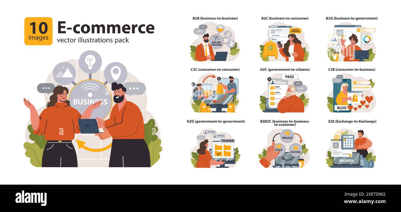 E-store and e-commerce set. Entrepreneur selling goods and gaining ...