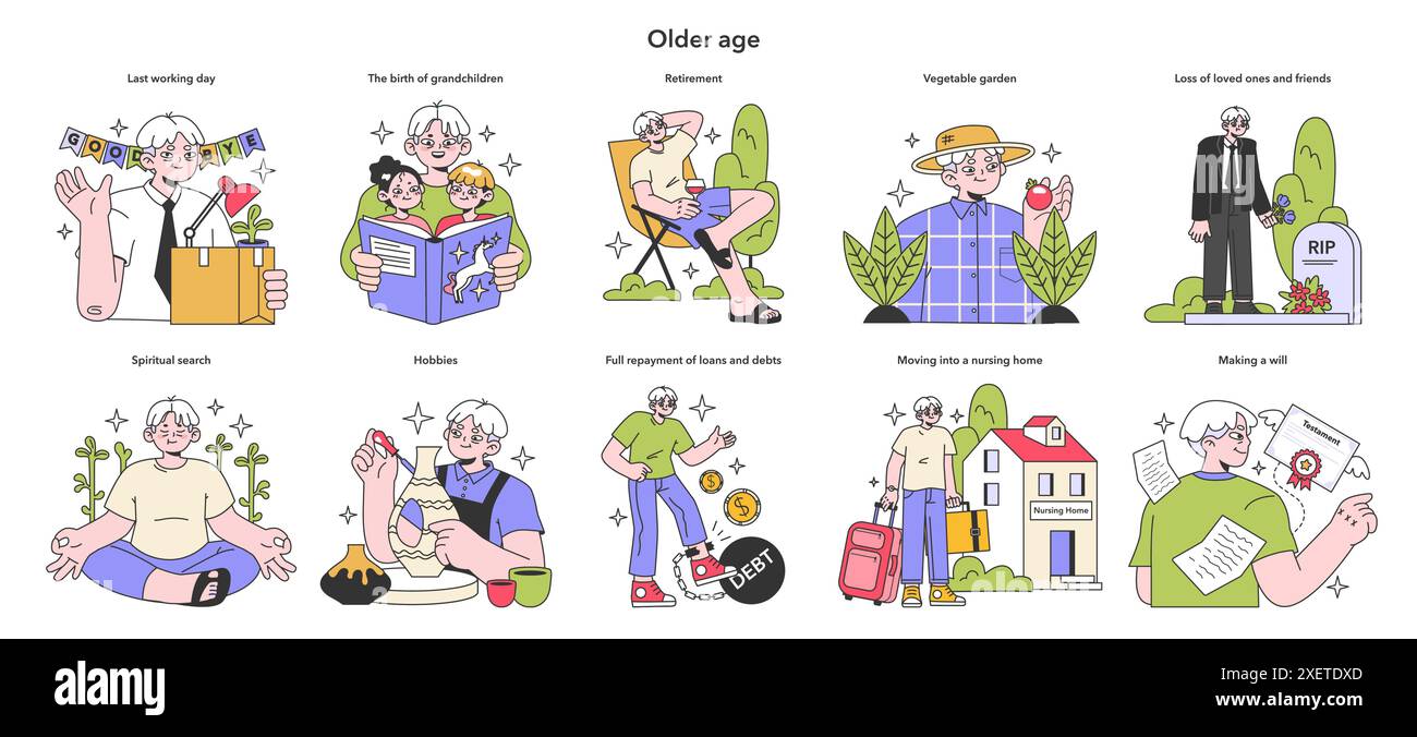 Senior life milestones set. Getting old and maturing, retirement and ...