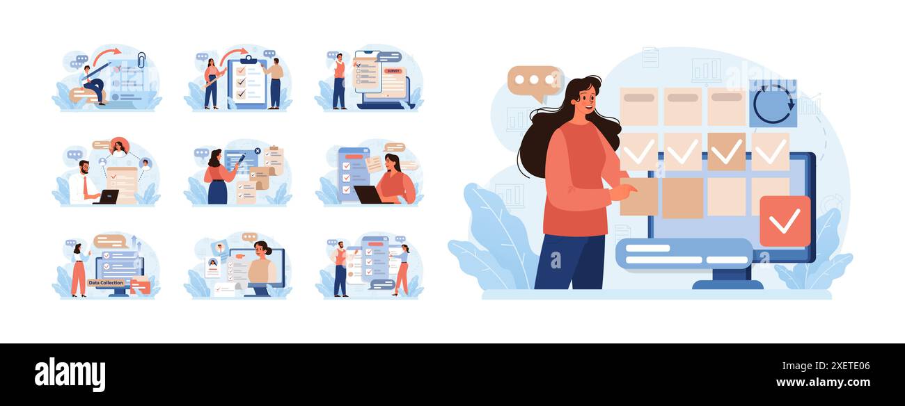 Public opinion polling set. Character participation in an online survey ...