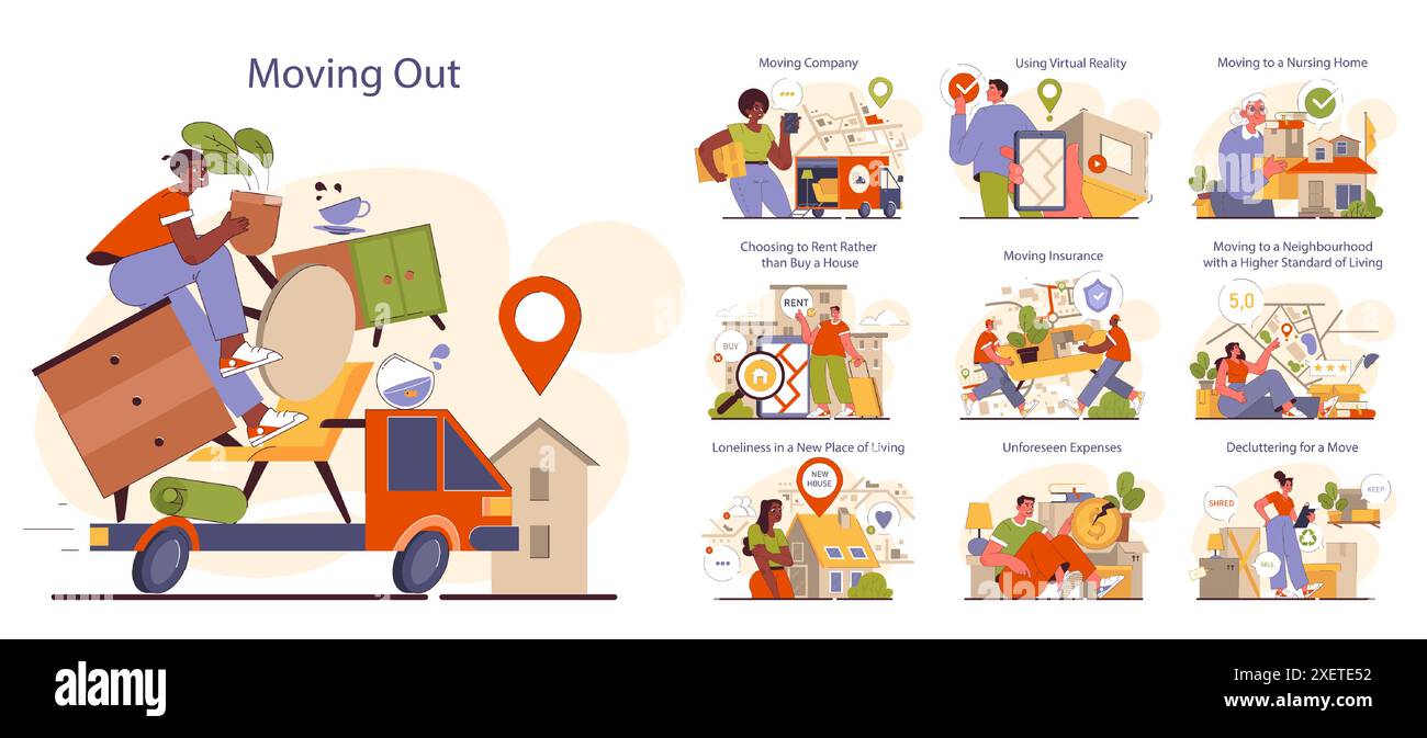 People moving out set. Characters pack belongings and relocating to a ...