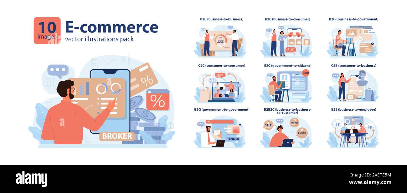 E-store and e-commerce set. Entrepreneur selling goods and gaining ...