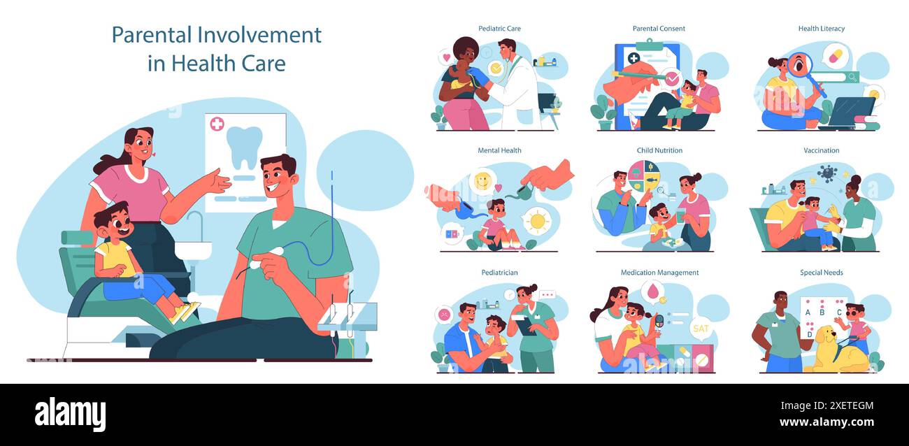 Children healthcare set. Parent with kids visiting pediatrician doctor ...